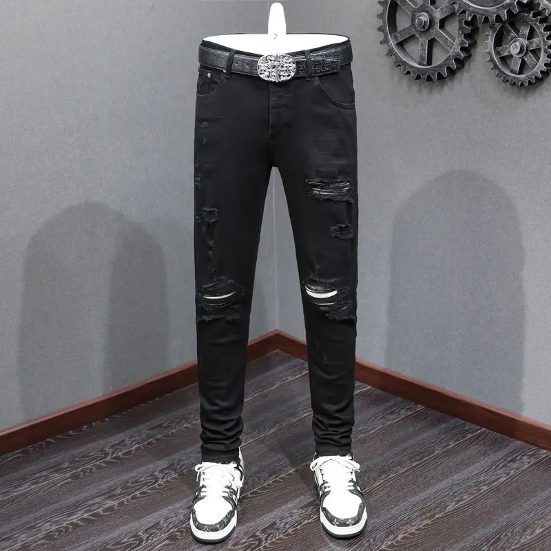 High-Street-Fashion-Men-Jeans-Black-Stretch-Skinny-Fit-Ripped-Jeans-Men ...