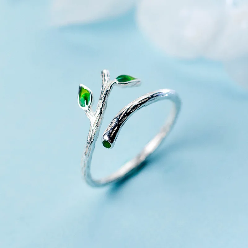 Green-Leaves-Tree-Branch-Opening-Rings-for-Women-Stainless-Steel-Leaf ...