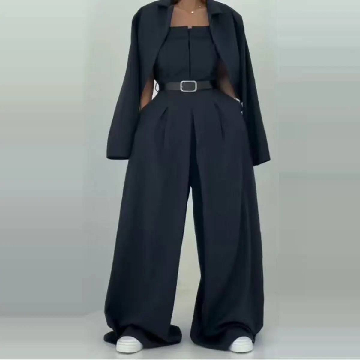 Elegant Triped Jumpsuit And Coats Two Piece Sets Women Fashion Wide Leg ...