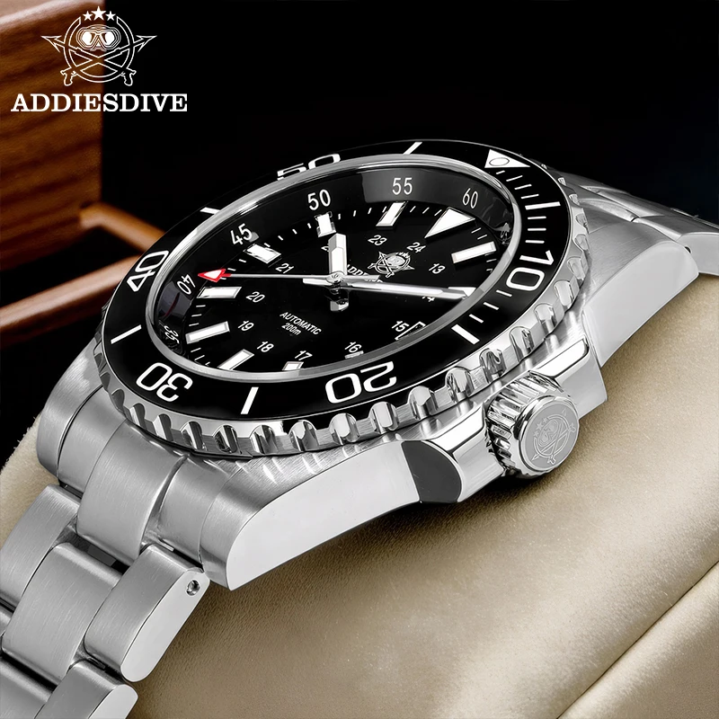 ADDIESDIVE AD2504 Reloj Hombre 방수 남성용 시계 스테인레스 스틸 블랙 다이얼 사파이어 빛나는 다이브 ...