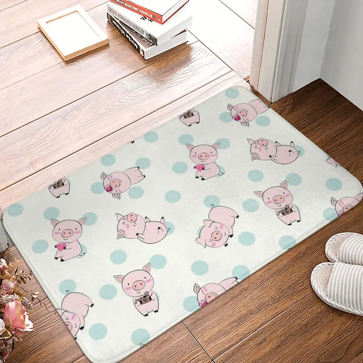 Pig-Bathroom-Mat-Pigs-Holding-Camera-On-Polka-Dot-Background-Doormat ...