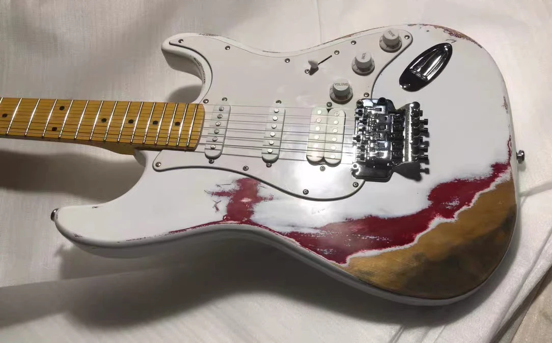 High Quality vintage distressed White 6 Strings Electric Guitar Heavy ...