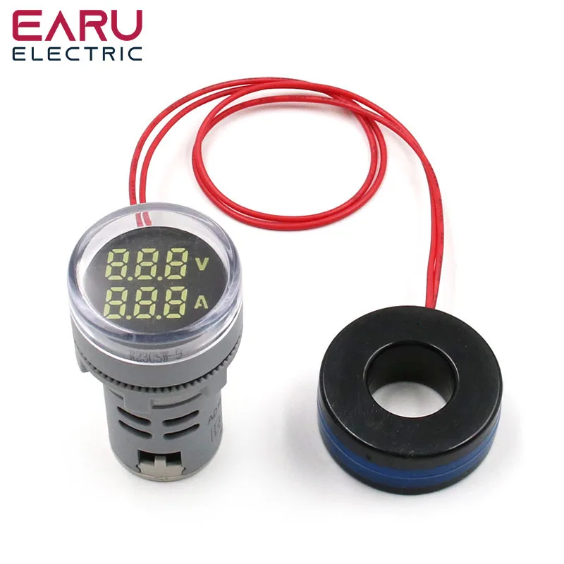 Round Mini Digital Voltmeter Ammeter 22mm AC 20-500V 0-100A Amp Volt ...
