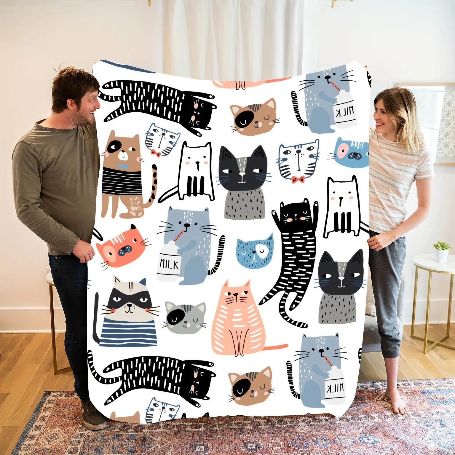 Cartoon Cat Flannel Blanket Multiple Sizes 2D Print Cute Cat Theme ...