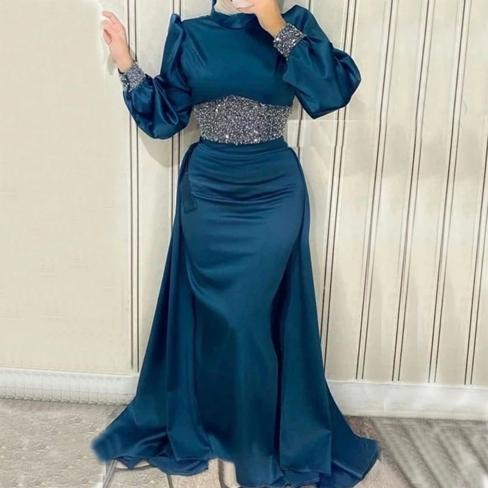 Blue-Women-s-Evening-Dresses-Mermaid-Long-Sleeve-Elegant-High-Collar ...