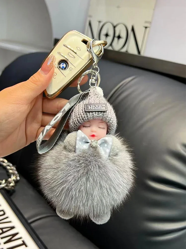Pompom-Sleeping-Baby-Keychain-Cute-Fluffy-Plush-Doll-Keychains-Women ...
