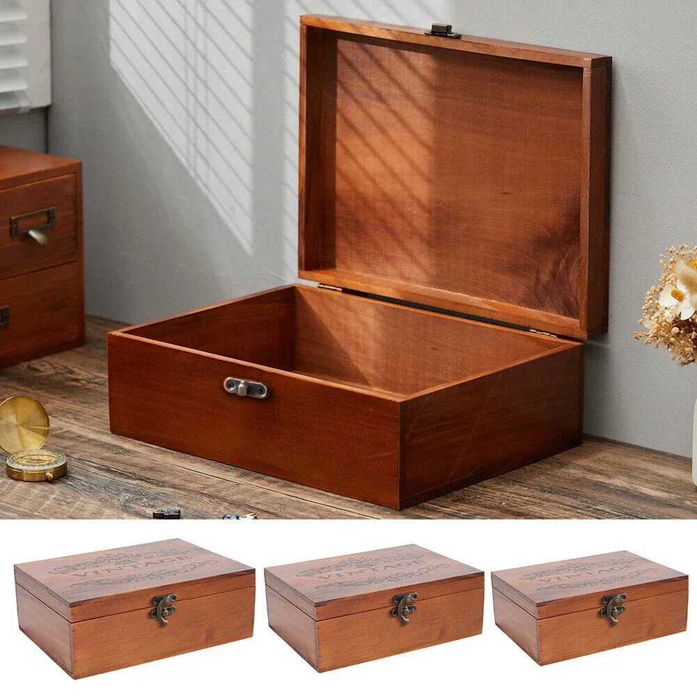 Retro-Wooden-Storage-Box-Plain-Wood-With-Lid-Multifunction-Hinged-Boxes ...