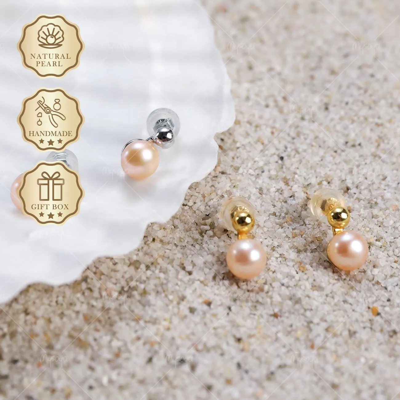 Mysoya Pink Bread Freshwater Pearl Stud Earrings 6-7mm Golden Silvery ...