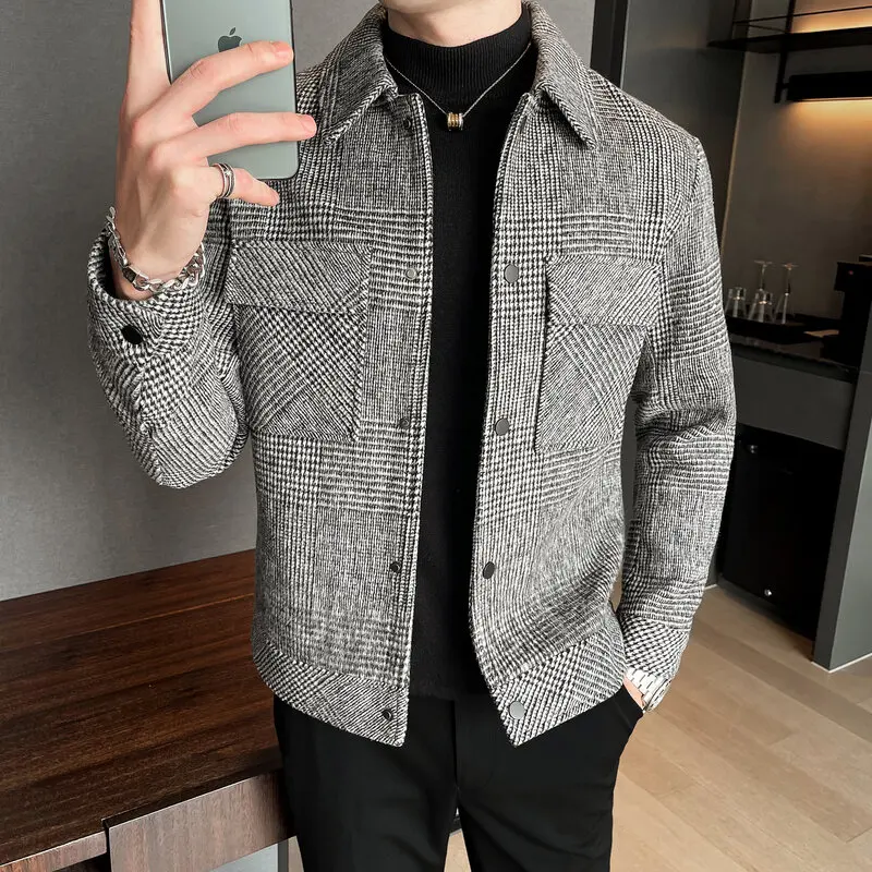 Autumn Plaid Woolen Jacket Men Fashion Retro Pocket Casual Jacket Men ...