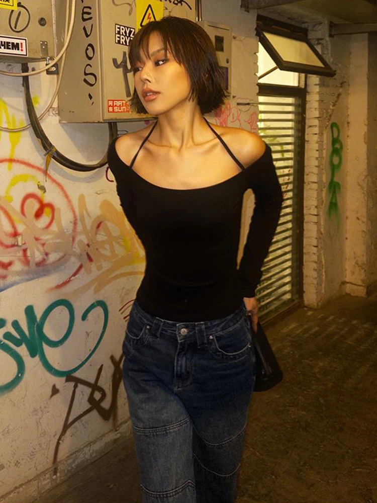 Ropa-de-manga-larga-para-mujer-ajustada-el-stica-cuello-redondo-color ...
