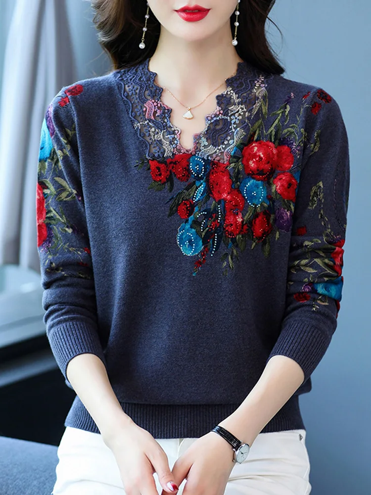 Print-Sweaters-Autumn-Spring-Soft-Lace-V-Neck-Knit-Pullover-Pull-Femme ...