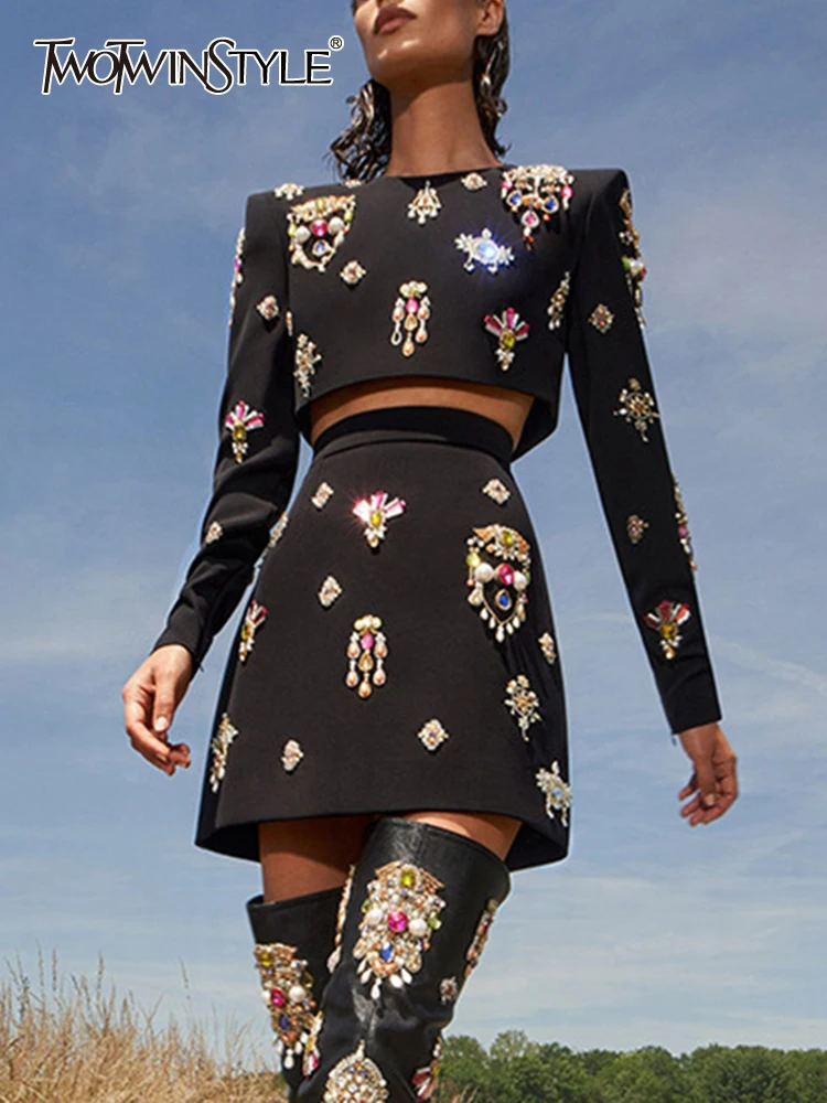 TWOTWINSTYLE-Patchwork-Diamonds-Two-Piece-Set-For-Women-Round-Neck-Long ...