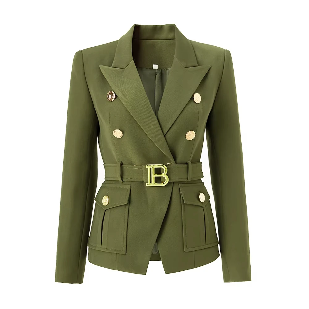 Spring-Autumn-Formal-Work-Lady-Army-Green-Pockets-Jackets-with-Metal ...