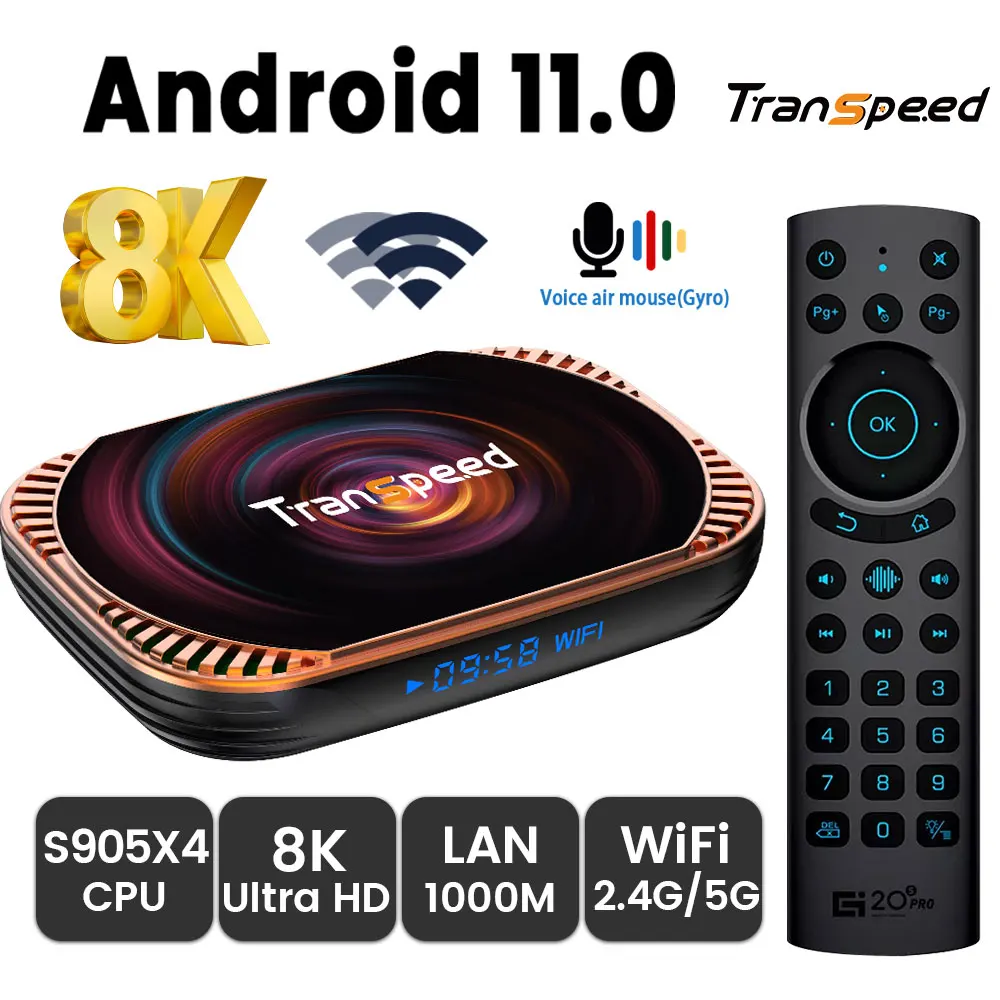 Transpeed 8k 3d android 11.0 caixa de tv amlogic s905x4 x4 4k lan 1000m ...