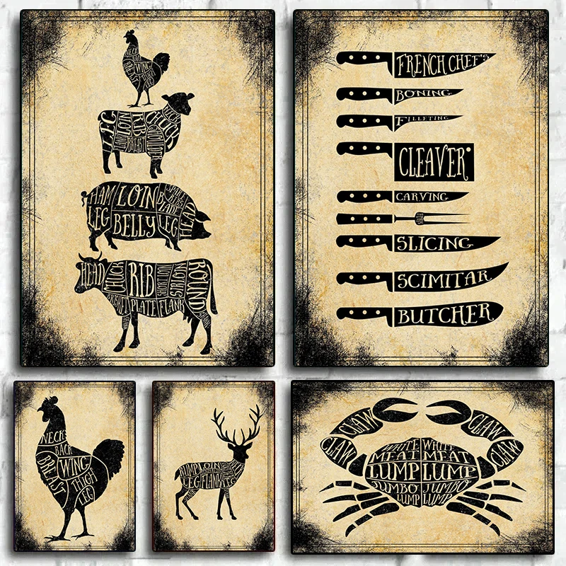 Vintage-Butcher-Cuts-Art-Collection-Poster-Knives-Crab-Cow-Pig-Canvas ...
