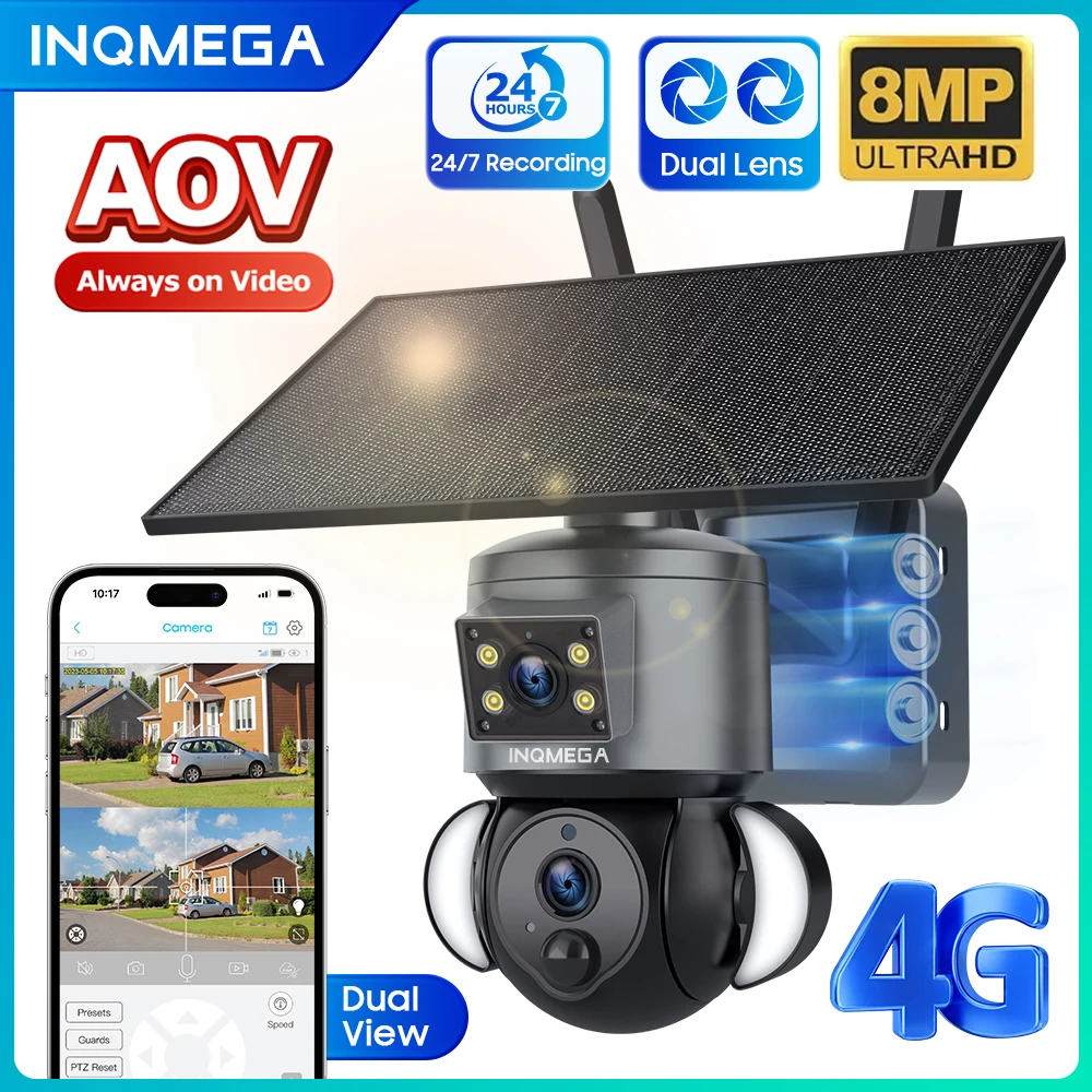 INQMEGA 8MP 4G SIM Solar Camera AOV Outdoor Dual Lens 360° View 10W ...
