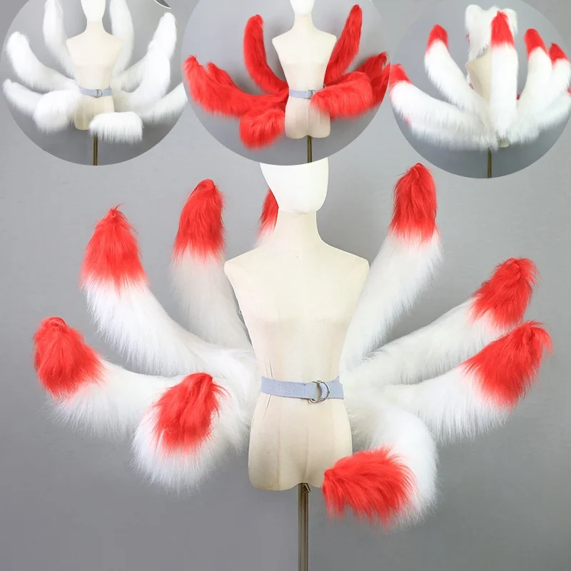 Red White Handmade Nine Tail Fox Plush LOL Tail Anime Lolita Cosplay ...