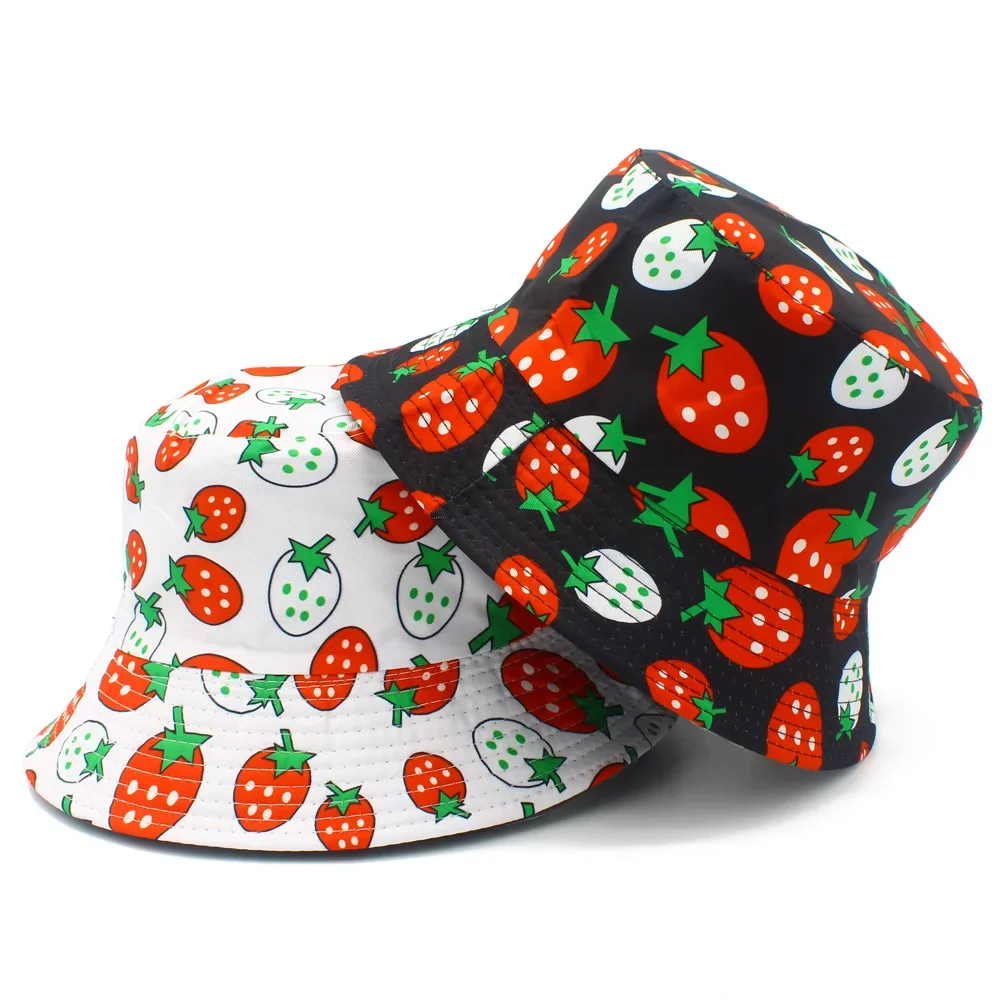 Bucket Hat Cotton Caps Strawberry Buckets Hats Summer Flat Top Hat ...