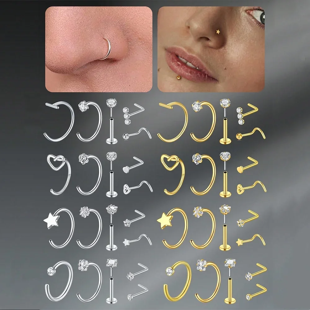 5 Pcs/Set Funky Stainless Steel Cubic Zirconia Heart Star Nose Rings ...