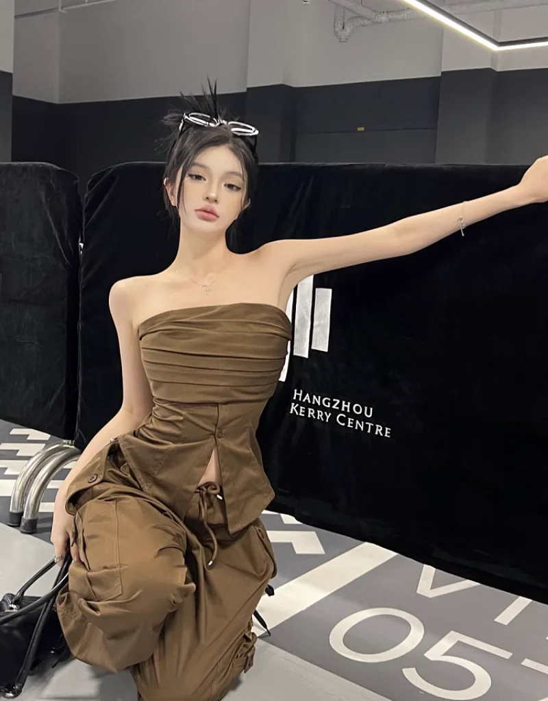 여성용 아메리칸 레트로 스트랩 없는 조끼 상의 하이 웨이스트 작업 캐주얼 긴 바지 투피스 세트 여성 의류 여름 패션 수트