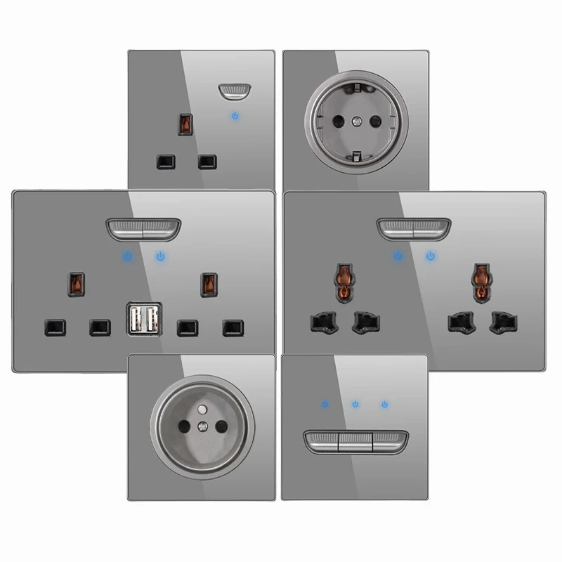 Grey-glass-reset-toggle-wall-light-switch-EU-standard-16A-socket-push ...