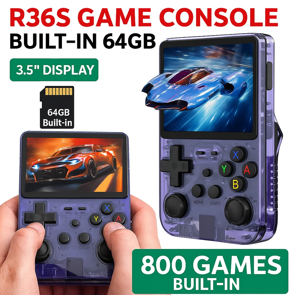 R36S Handheld Game Console 64GB Built-in/Retro FC Arcade Player/3.5” HD ...