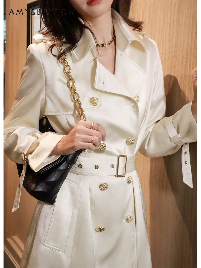 High Grade White Silk Satin Blazer Collar Jackets Fashion Metal Buckle