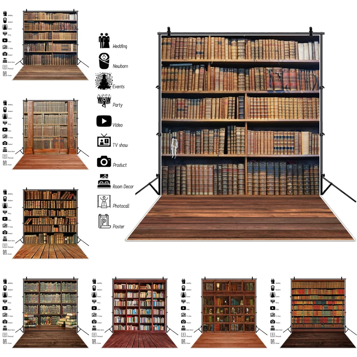 Vintage Bookcase Library Photography Backdrops Wooden Shelf Classic ...