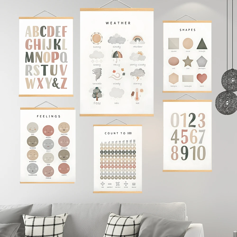 Educational Solid Wood Posters Alphabet Number Shape Colors Scroll ...