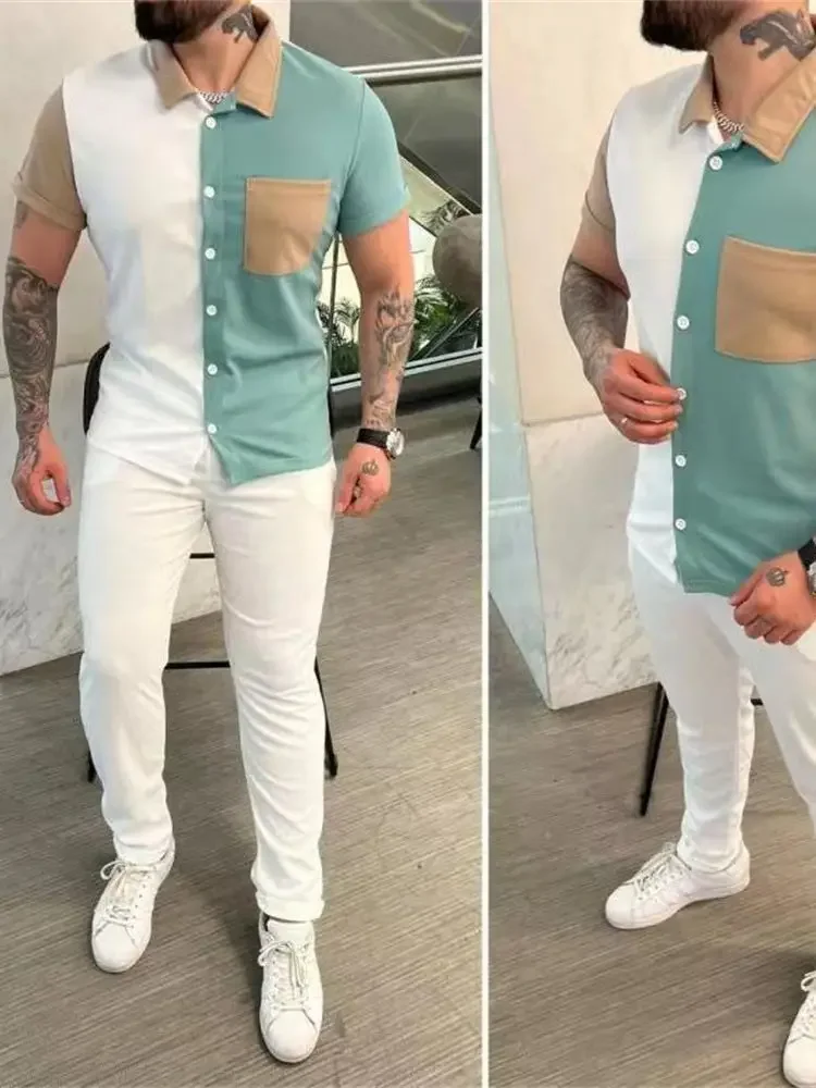 Men Pant Set Two Piece Sets Short Sleeve Turn Down Collar Single ...