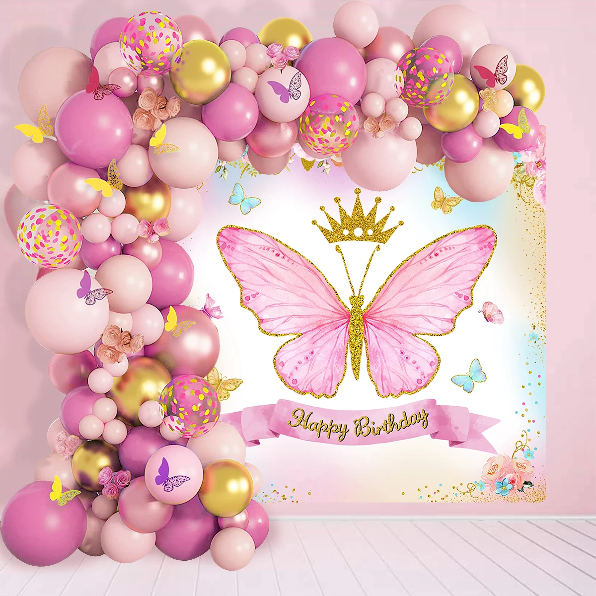 Pink-Purple-Butterfly-Balloon-Background-Set-Butterfly-1st-Birthday ...