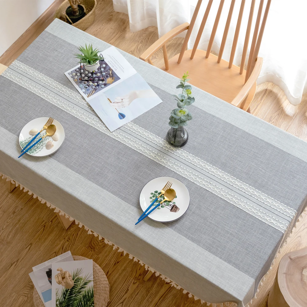 Grey-Stripe-Waterproof-Tablecloth-Cotton-Linen-Lace-Tassel-Dustproof ...