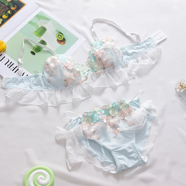 New sweet bra set female embroidered bow triangle cup lingerie without ...