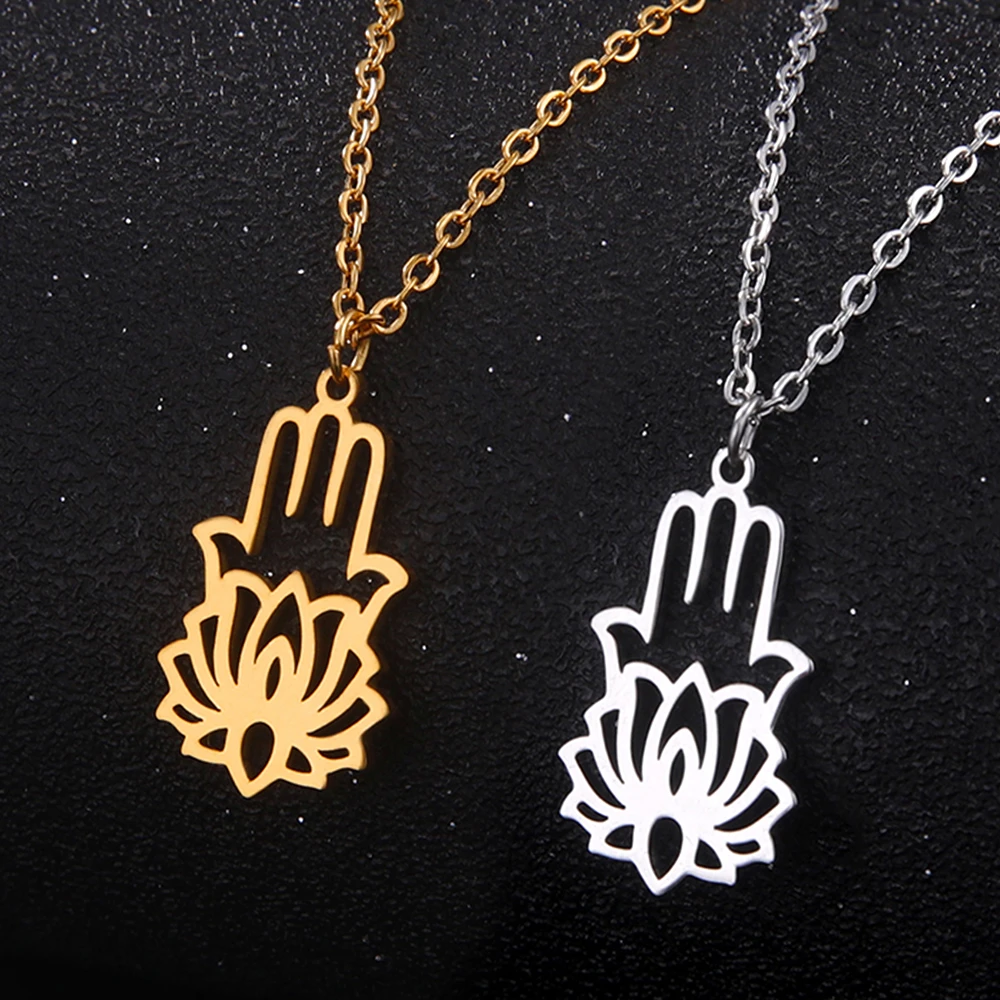 Dawapara Fatima Hand of Hamsa Necklace Buddhist Lotus Flower Judaica ...