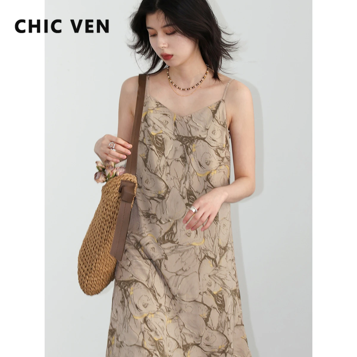 CHIC-VEN-Women-Dresses-Retro-Loose-Print-Sleeveless-Long-Skirt-V-neck ...