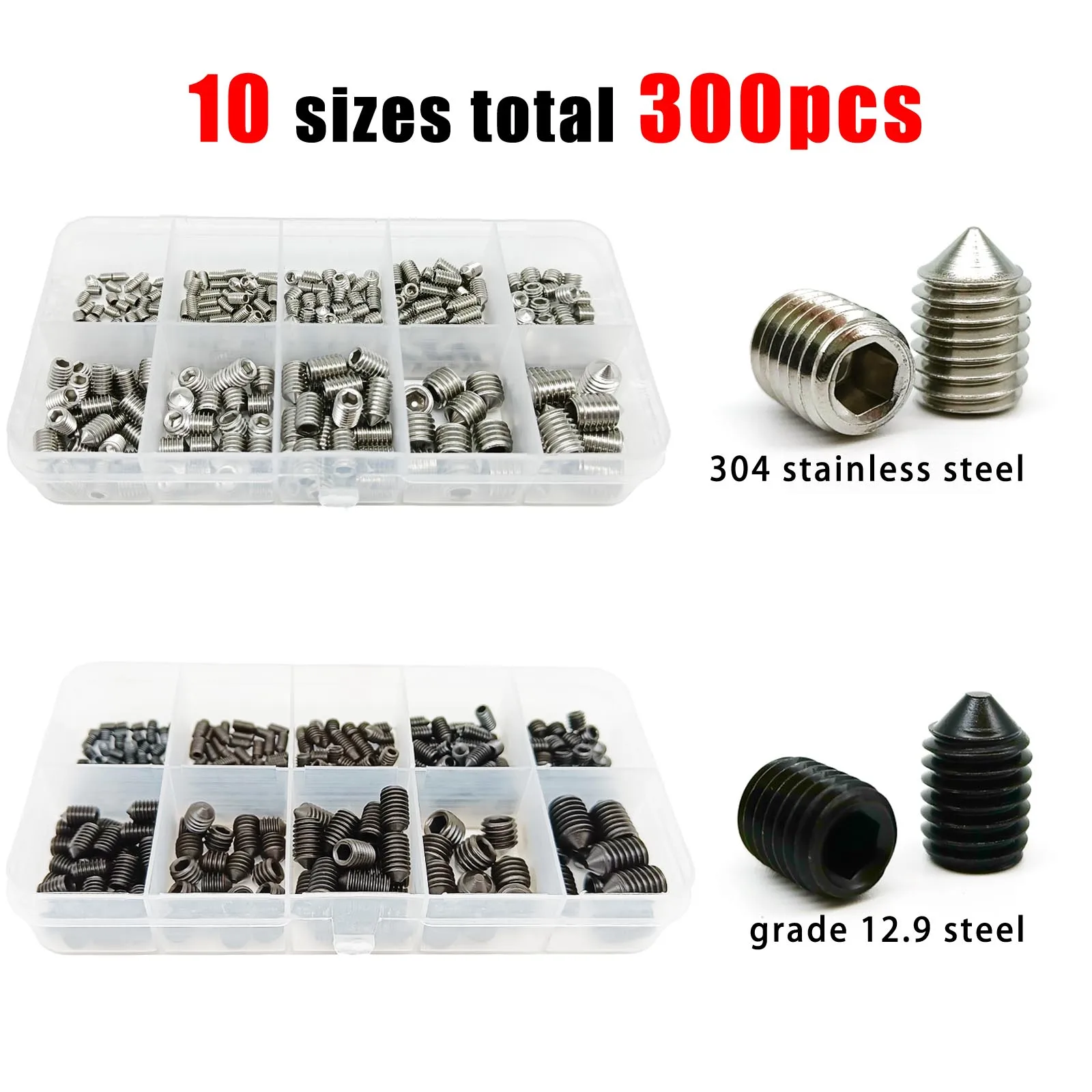 300pcs-box-Mix-M3-to-M8-10-sizes-Kit-Hex-Socket-Tapered-End-Grub-Bolt ...