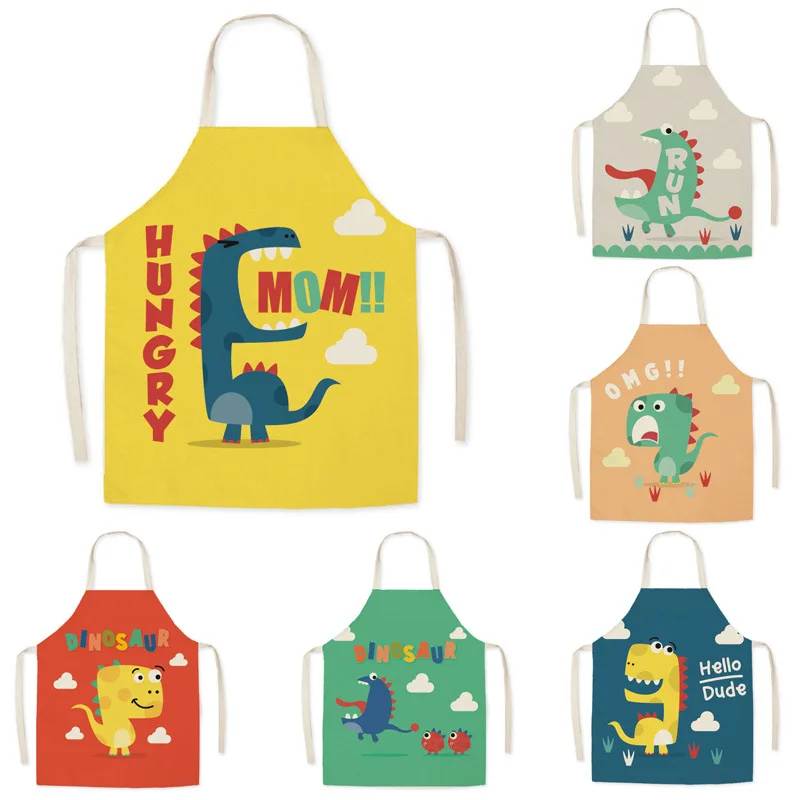 New Parent-child Kitchen Apron Cartoon Dinosaur Printed Linen Baking ...