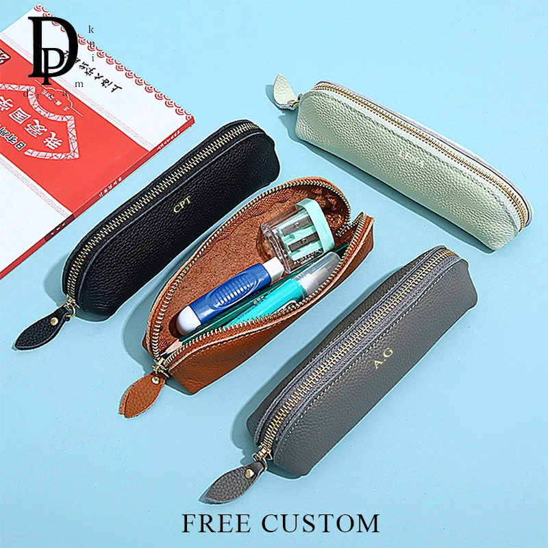 Cowhide Luxury Business Pen Pouch Custom Letters Travel Cosmetic Bag ...