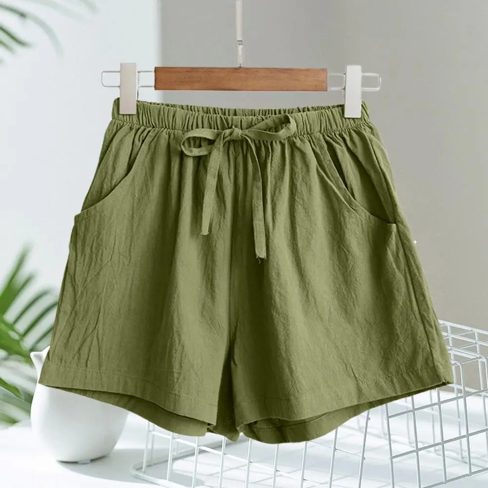 Women Short Solid Color Double Pockets Summer Shorts Drawstring High Waist Casual Shorts ...