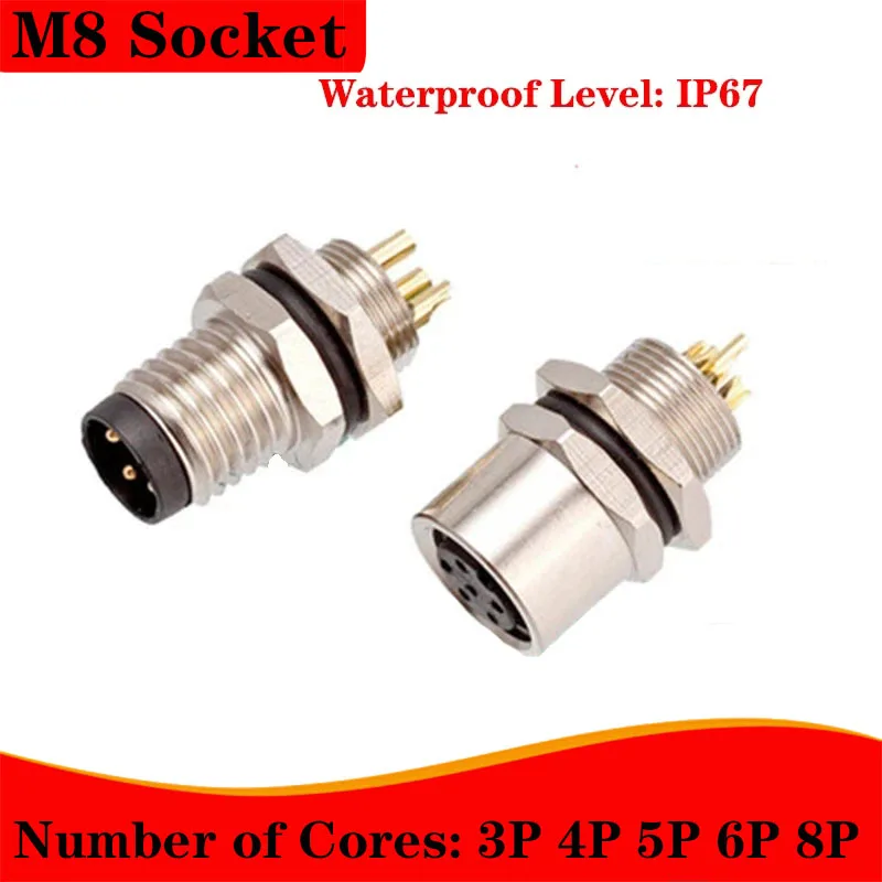 M8 3P 4P 5P 6P 8 Pin Waterproof IP67 Aviation Male Female Fixed Socket Front Panel Rear Panel ...