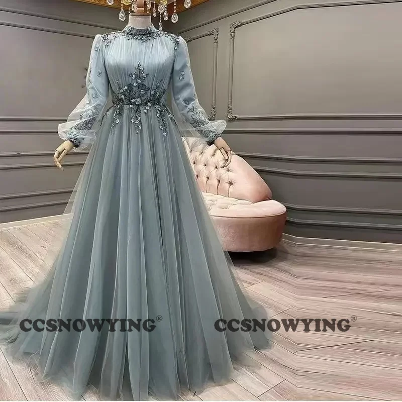 Muslim Tulle Appliques Evening Dresses Islamic Full Sleeve Hijab Formal ...