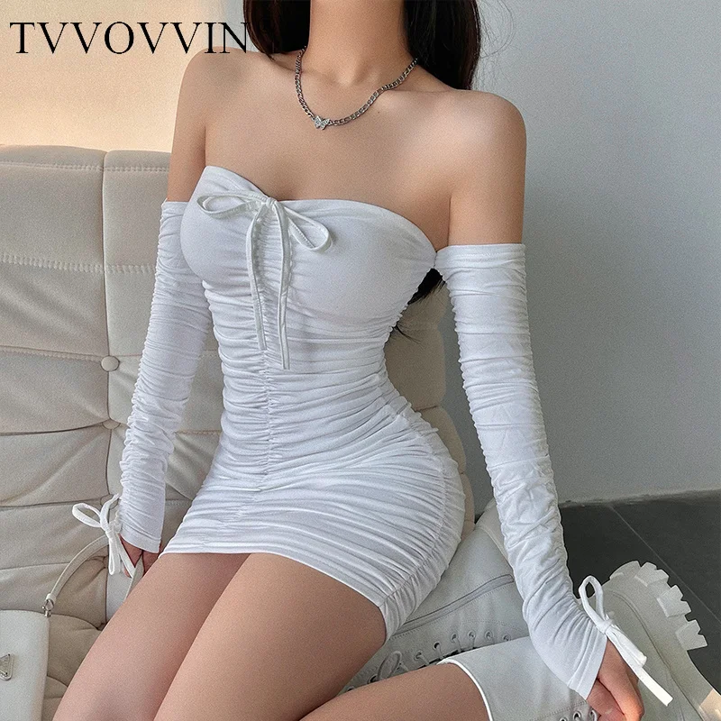 TVVOVVIN Sexy Tight Thin One Shoulder Strapless Lace Up Pleated Buttocks Long Sleeve Dress Short ...