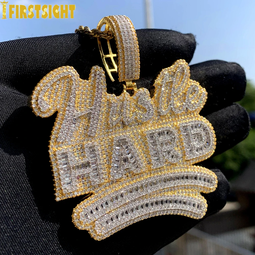 Iced Out Bling Letters Hustle Hard Pendant Necklace Cz Zircon Two Tone ...