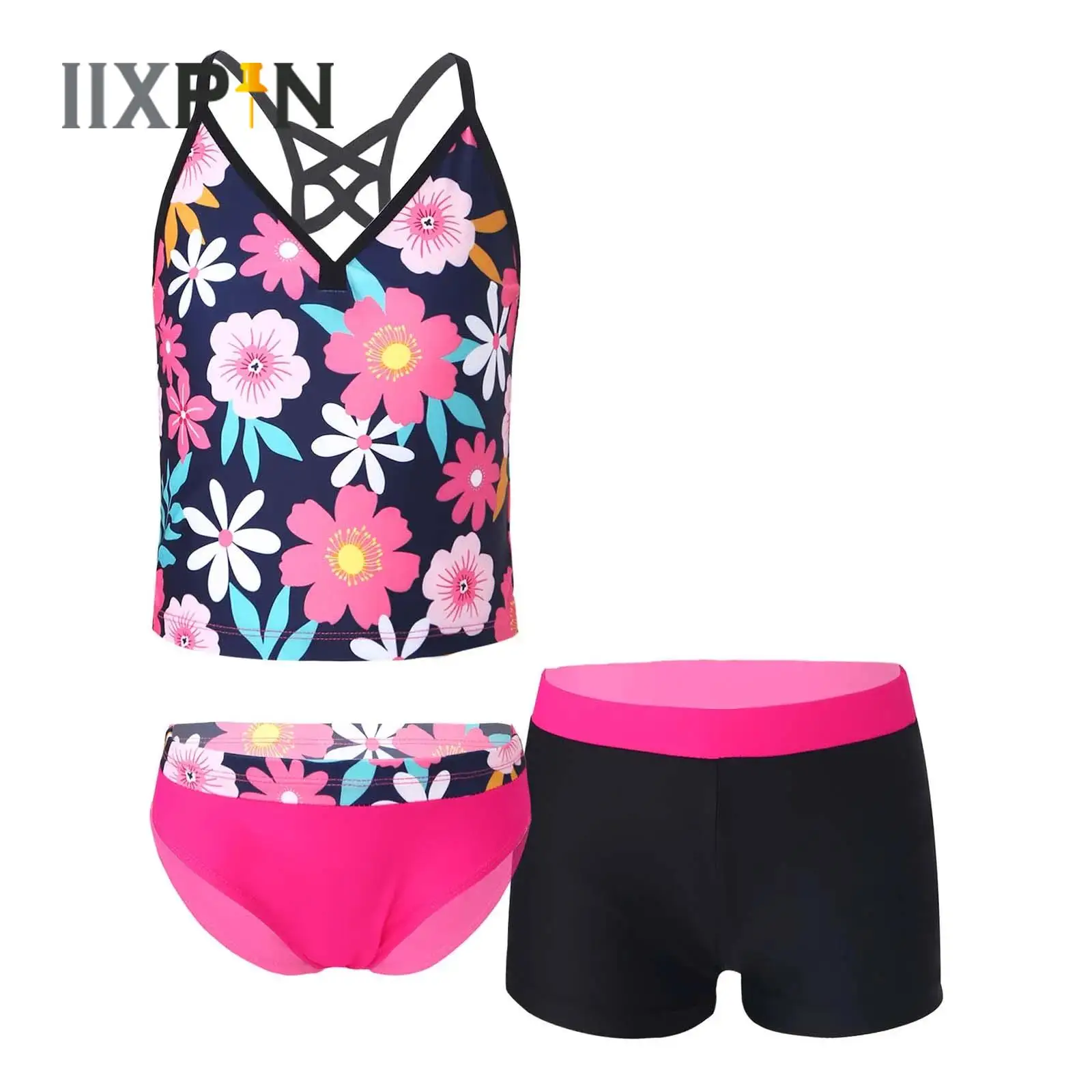 3PCS Kids Girls Tankini Floral Printed Swimsuit Summer Swimwear Beach ...