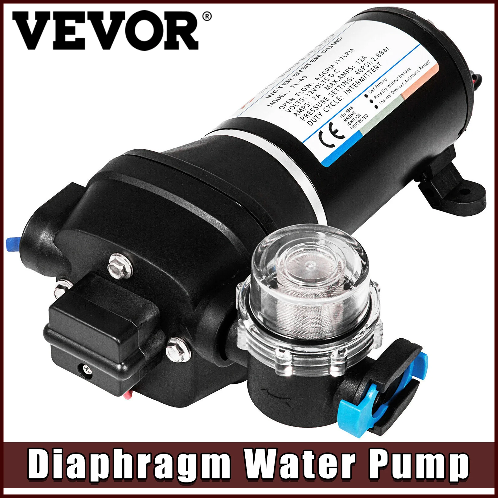 Vevor 12V Membraanwaterpomp FL 30/40 Water Druk Pomp 17L/Min Hoge Druk ...