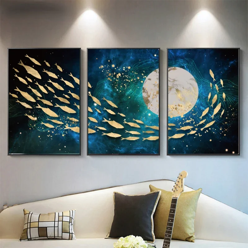 Golden-Fish-Moon-Poster-Canvas-Print-Painting-Modern-Style-Abstract ...