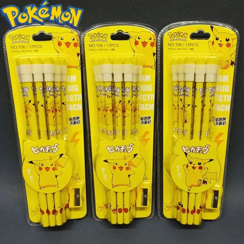 Pokemon-Cartoon-Pikachu-12-HB-Wooden-Pencil-Sharpener-Set-Small-Leather ...