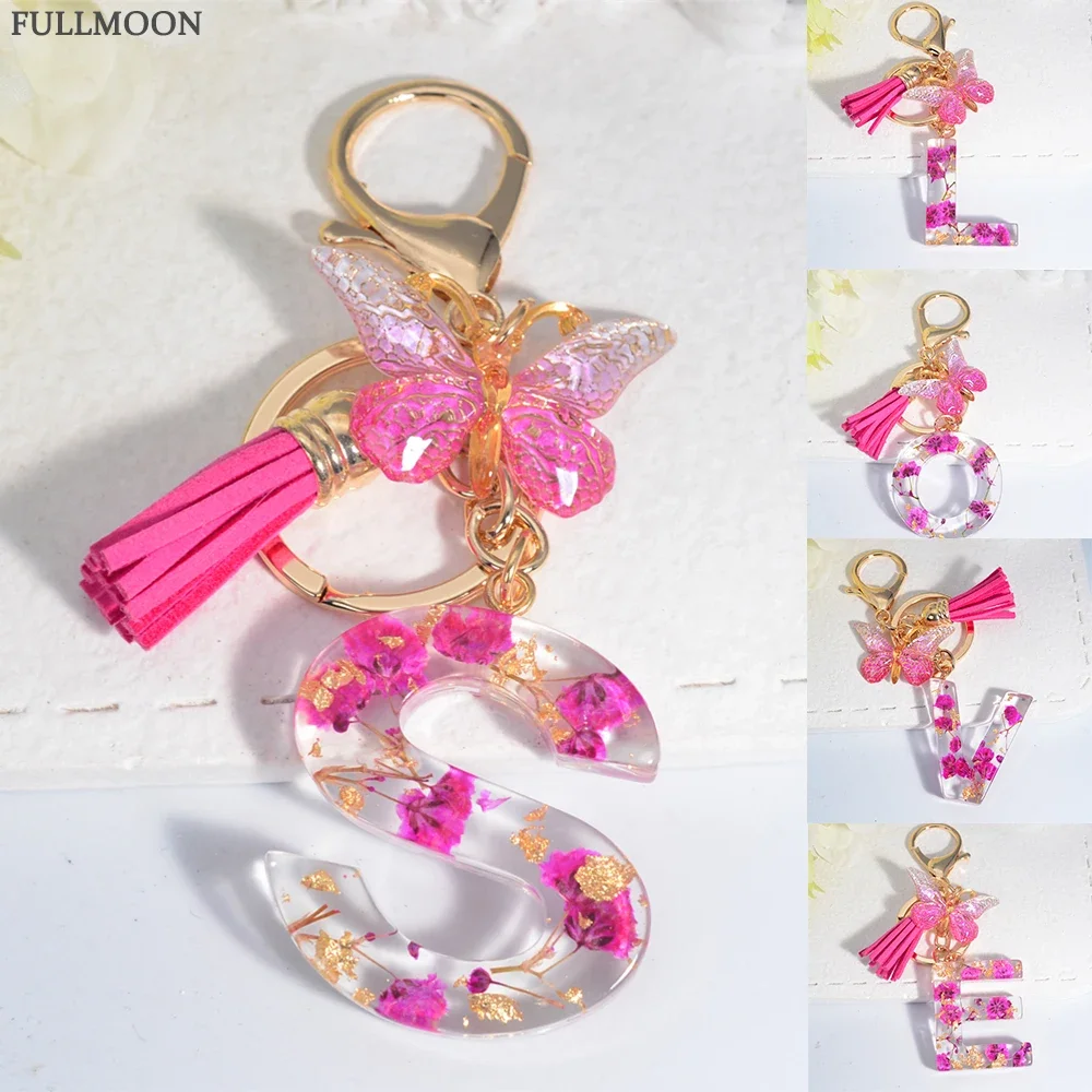 Dried-Flower-26-Letter-Keychain-Glitter-Rose-Butterfly-Charm-Initial ...