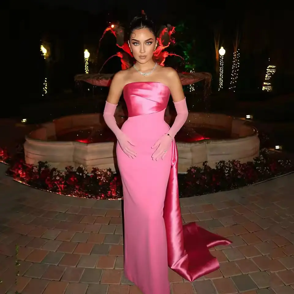 Elegante rosa rosa vestido de baile drapeado trem vestidos de noite ...