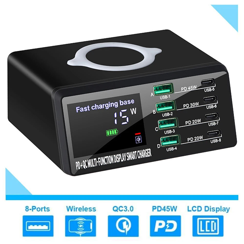 Adaptador de cargador USB de carga rápida de 110W, estación de carga inalámbrica PD, USB C ...